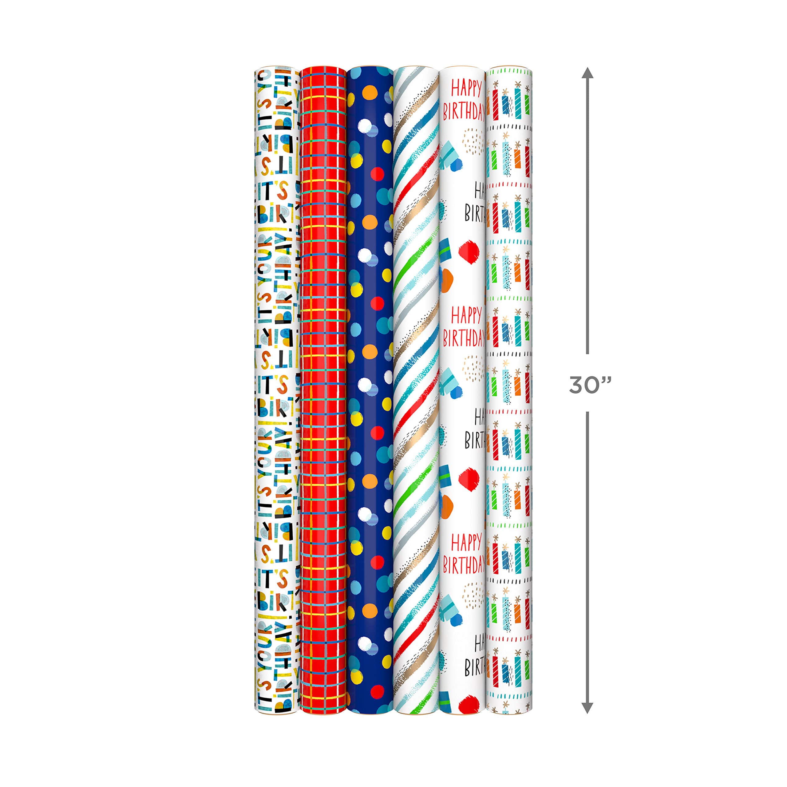 Hallmark Colorful Wrapping Paper Bundle with Cutlines on Reverse (6 Rolls: 115 Square Feet Total) Red, Blue, Yellow, Green, Rainbow Stripes, Polka Dots for Birthdays, Graduations, Father's Day