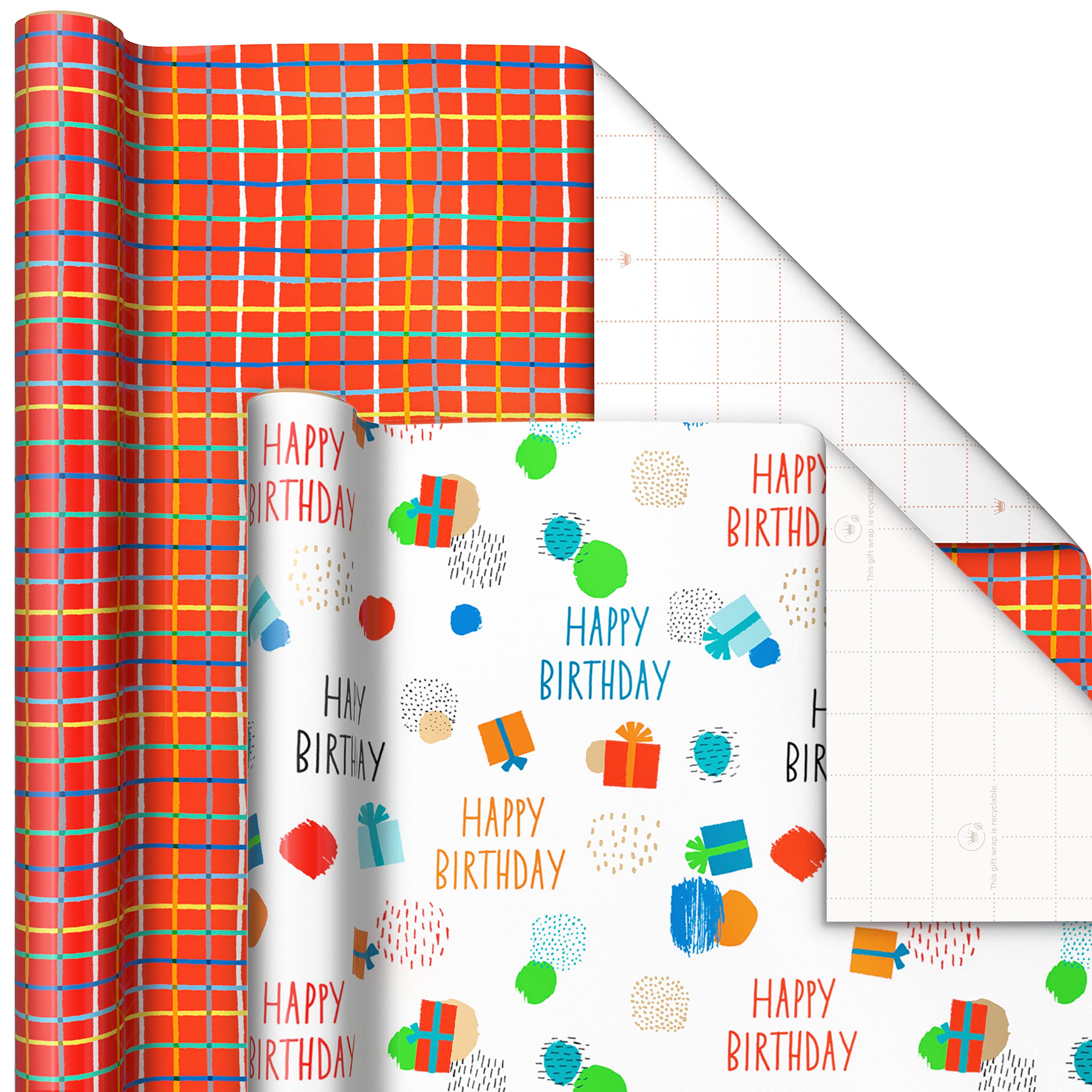 Hallmark Colorful Wrapping Paper Bundle with Cutlines on Reverse (6 Rolls: 115 Square Feet Total) Red, Blue, Yellow, Green, Rainbow Stripes, Polka Dots for Birthdays, Graduations, Father's Day