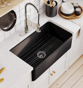 casainc 33-inch kitchen sink black, farmhouse sink fireclay apron -front farmhouse deep single bowl, farmhouse sink with stainless steel bottom grid and kitchen sink drain