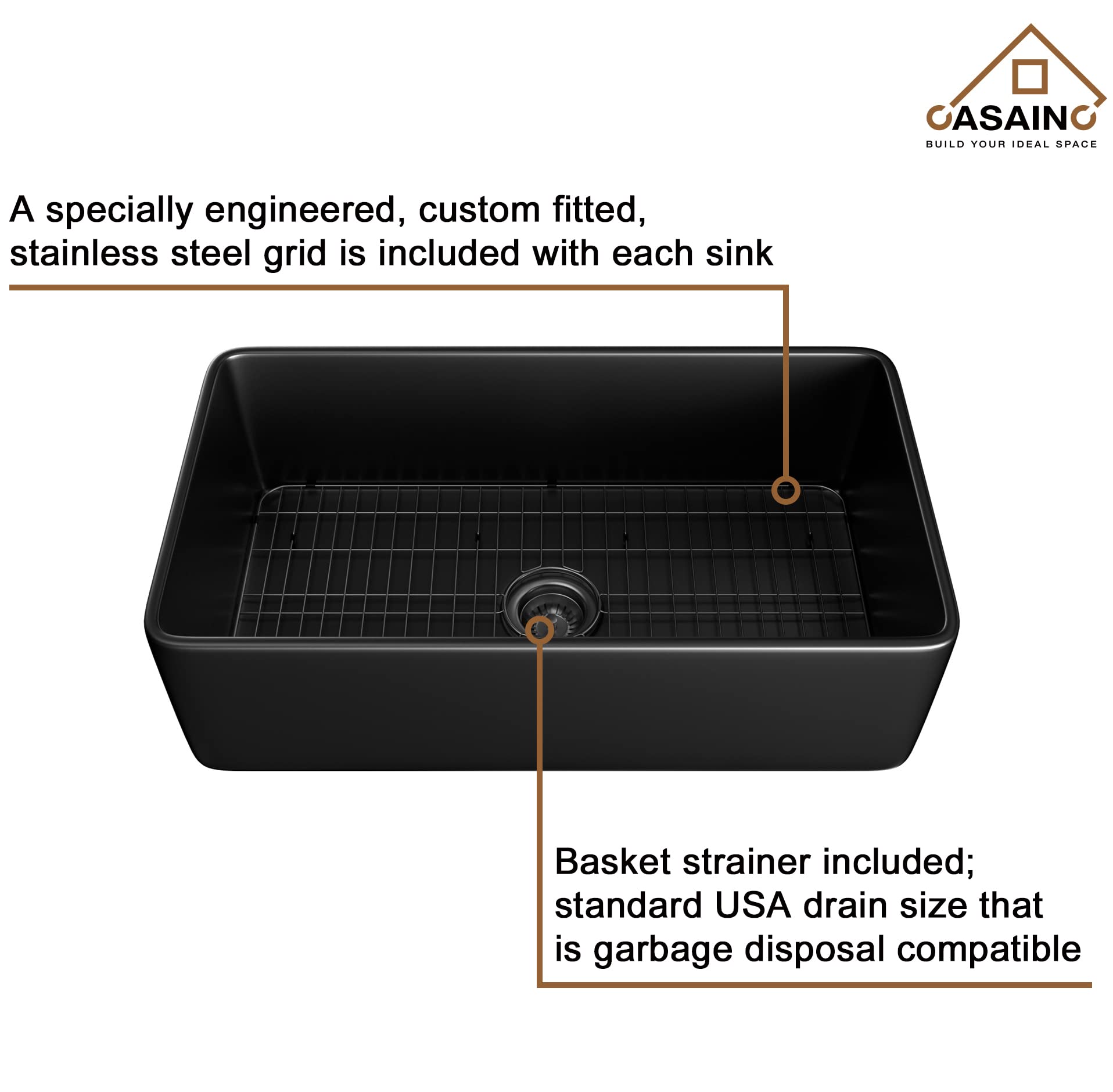 CASAINC 33-inch Kitchen Sink Black, Farmhouse Sink Fireclay Apron -Front Farmhouse Deep Single Bowl, Farmhouse Sink with Stainless Steel Bottom Grid and Kitchen Sink Drain