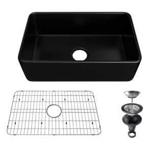 CASAINC 33-inch Kitchen Sink Black, Farmhouse Sink Fireclay Apron -Front Farmhouse Deep Single Bowl, Farmhouse Sink with Stainless Steel Bottom Grid and Kitchen Sink Drain