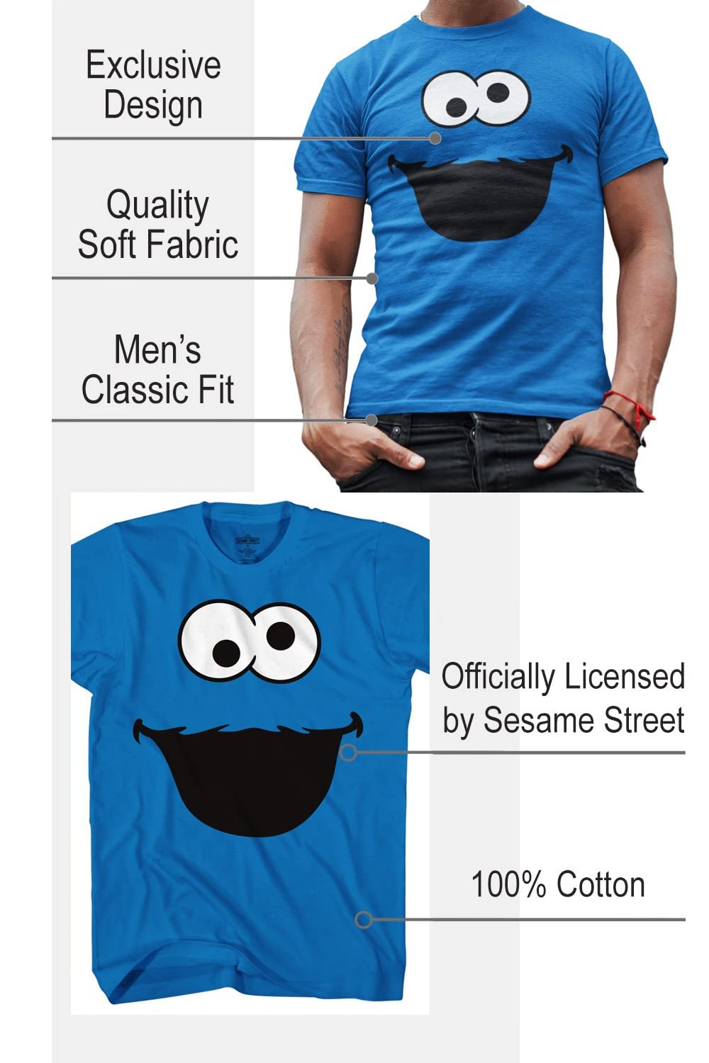 Sesame Street Cookie Monster Face T-Shirt for Men Adult Merch Graphic Tshirt Men's Tee 3X 3XL XXX-Large (Blue, XXX-Large)