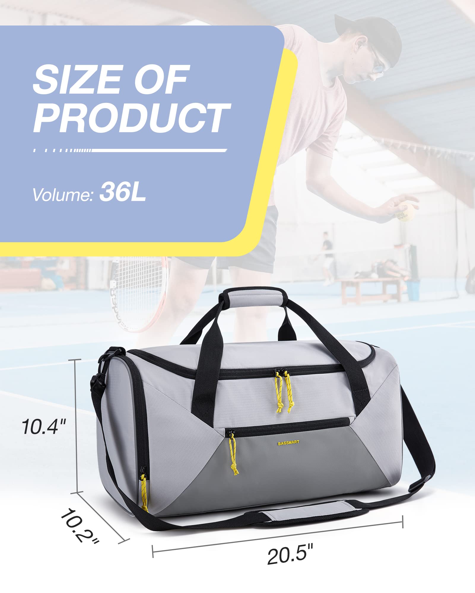 BAGSMART Gym Bag for Women Men, 36L Small Sports Bag With Shoe Bag, Lightweight Weekender Carry On Duffel Bag, Water Resistant Workout Duffel Bags for Traveling - Gray