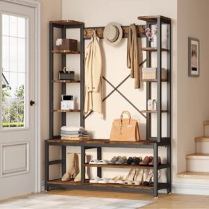 yitahome entryway hall tree with bench and shoe storage shelves, 5-in-1 coat rack with shoe storage bench, industrial mudroom bench with two side storage shelves, for hallway, bedroom, rustic brown