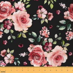 watercolor floral fabric by the yard farmhouse style retro flower rustic leaf fabric for girls boys kids upholstery and home diy projects black background fabric for sewing hobby,3 yards