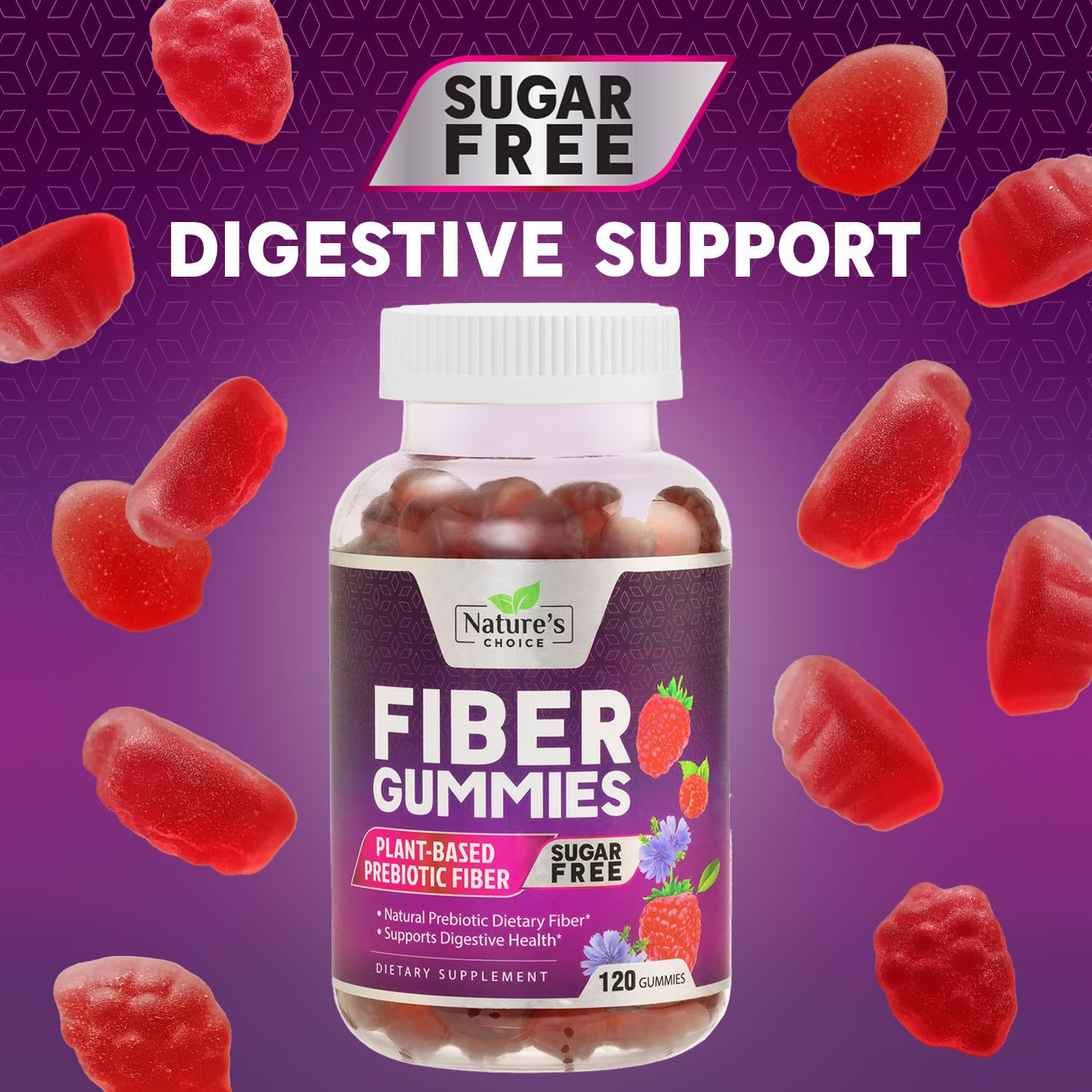 Sugar Free Fiber Gummies for Adults, Daily Prebiotic Fiber Supplement & Digestive Health Support - Supports Regularity & Digestive Health, Nature's Plant Based, Non-GMO, Berry Flavor - 120 Gummies