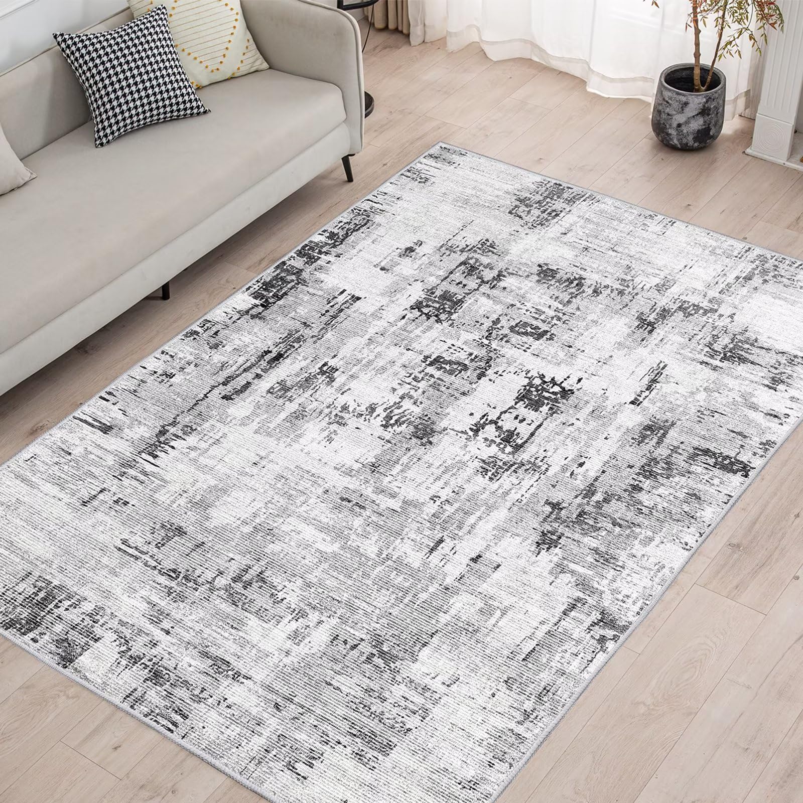 Vamcheer Washable Abstract Area Rug - Contemporary Style for Living Room, Bedroom, Kitchen - Machine Washable Rug for Living Room - Non-Shedding and Easy-Cleaning - Grey 6x9 ft