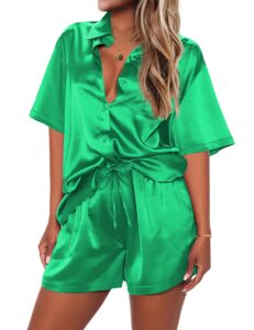 ekouaer pajamas for women silk soft sleepwear short sleeve button down pjs satin top and shorts 2 piece lounge set,green,xxl