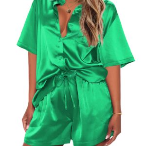 Ekouaer Pajamas for Women Silk Soft Sleepwear Short Sleeve Button Down Pjs Satin Top and Shorts 2 Piece Lounge Set,Green,XXL