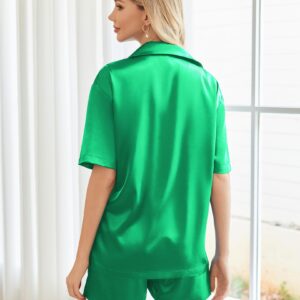 Ekouaer Pajamas for Women Silk Soft Sleepwear Short Sleeve Button Down Pjs Satin Top and Shorts 2 Piece Lounge Set,Green,XXL