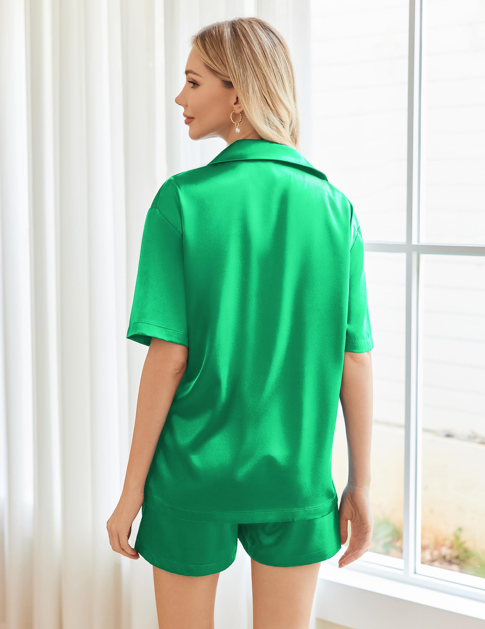 Ekouaer Pajamas for Women Silk Soft Sleepwear Short Sleeve Button Down Pjs Satin Top and Shorts 2 Piece Lounge Set,Green,XXL