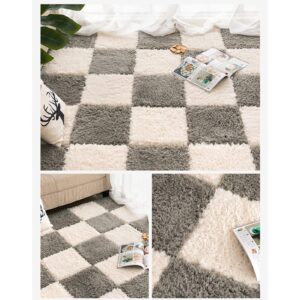 12 Tiles / 12 Sq.Ft / 12 Pcs Interlocking Carpet Tiles, Plush Foam Square Floor Mats, Puzzle Floor Mat for Living Room, Bedroom(Color:Blue+Grey)