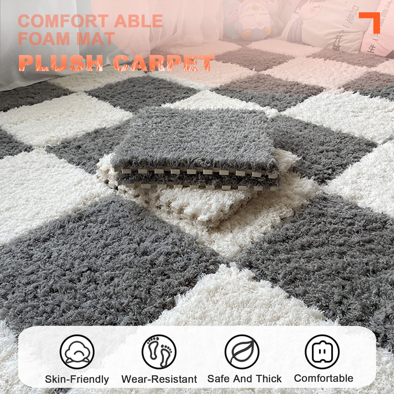 12 Tiles / 12 Sq.Ft / 12 Pcs Interlocking Carpet Tiles, Plush Foam Square Floor Mats, Puzzle Floor Mat for Living Room, Bedroom(Color:Blue+Grey)