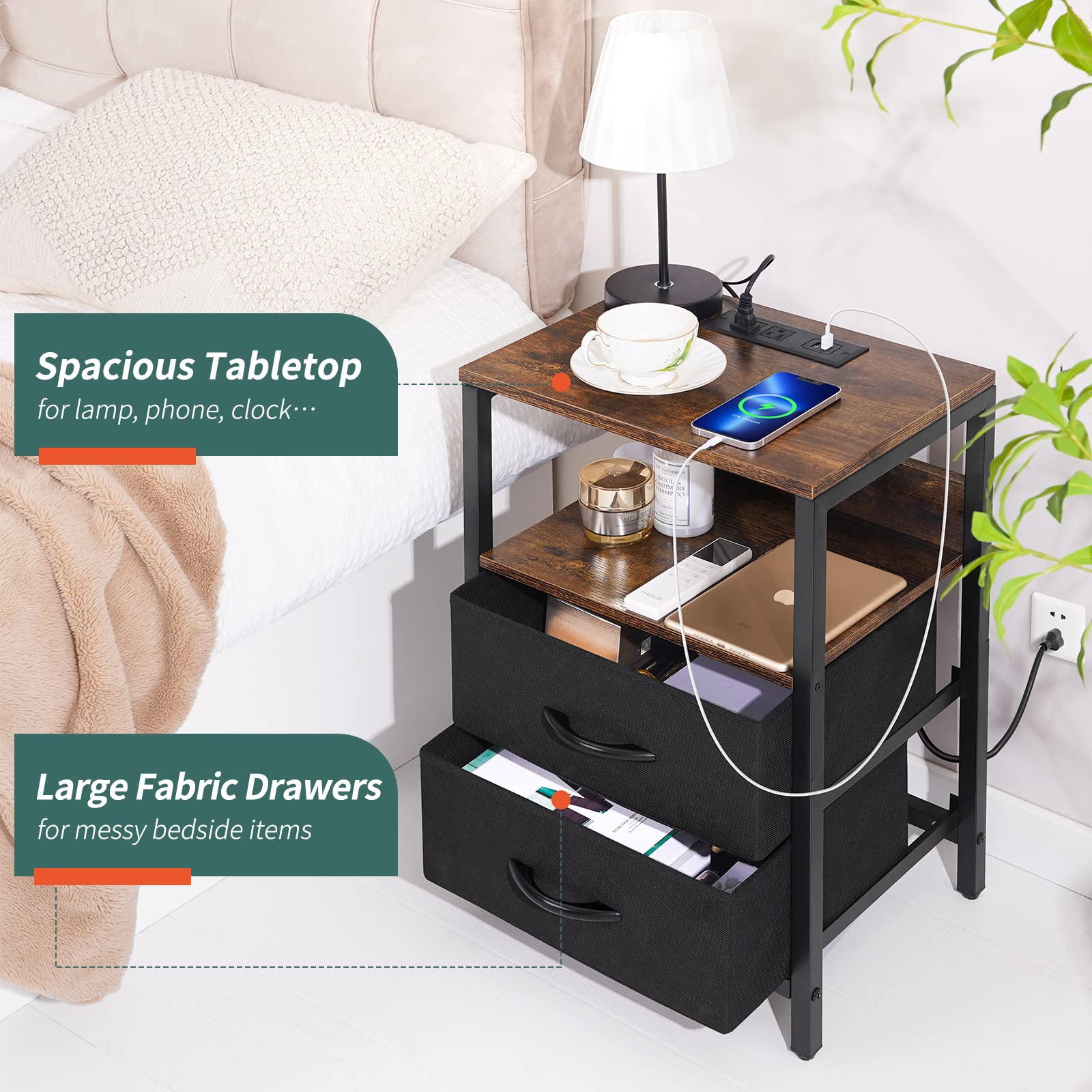 Yoobure Nightstand with Charging Station, Small Night Stand with Fabric Drawers and Storage Shelf for Bedrooms, Nightstands for Small Spaces, Bedside Table with USB Ports & Outlets, Bed Side Table