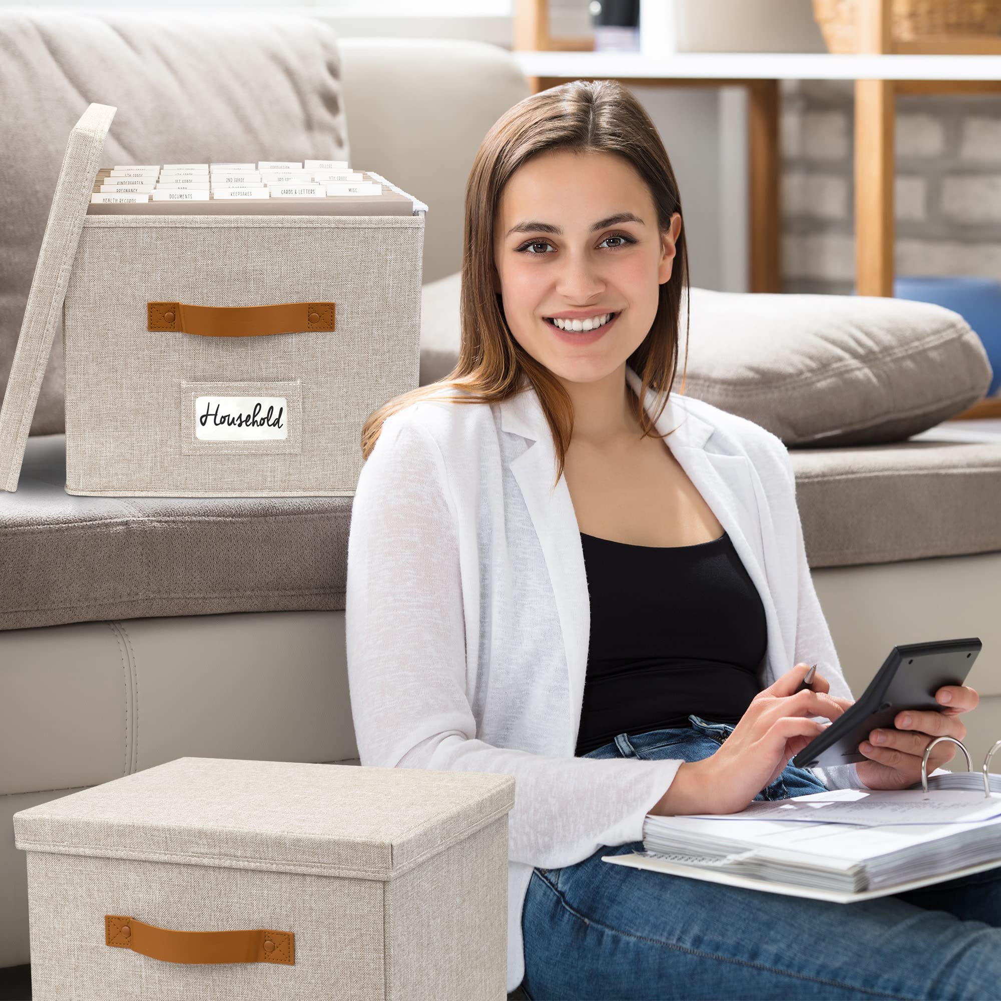 ZICOTO Decorative File Organizer Box Set of 2 - Collapsible Linen Filing Cabinets w/Handles Are Perfect to Store all Your Documents & Hanging File Folders - Portable Easy Slide File Crates with Lid