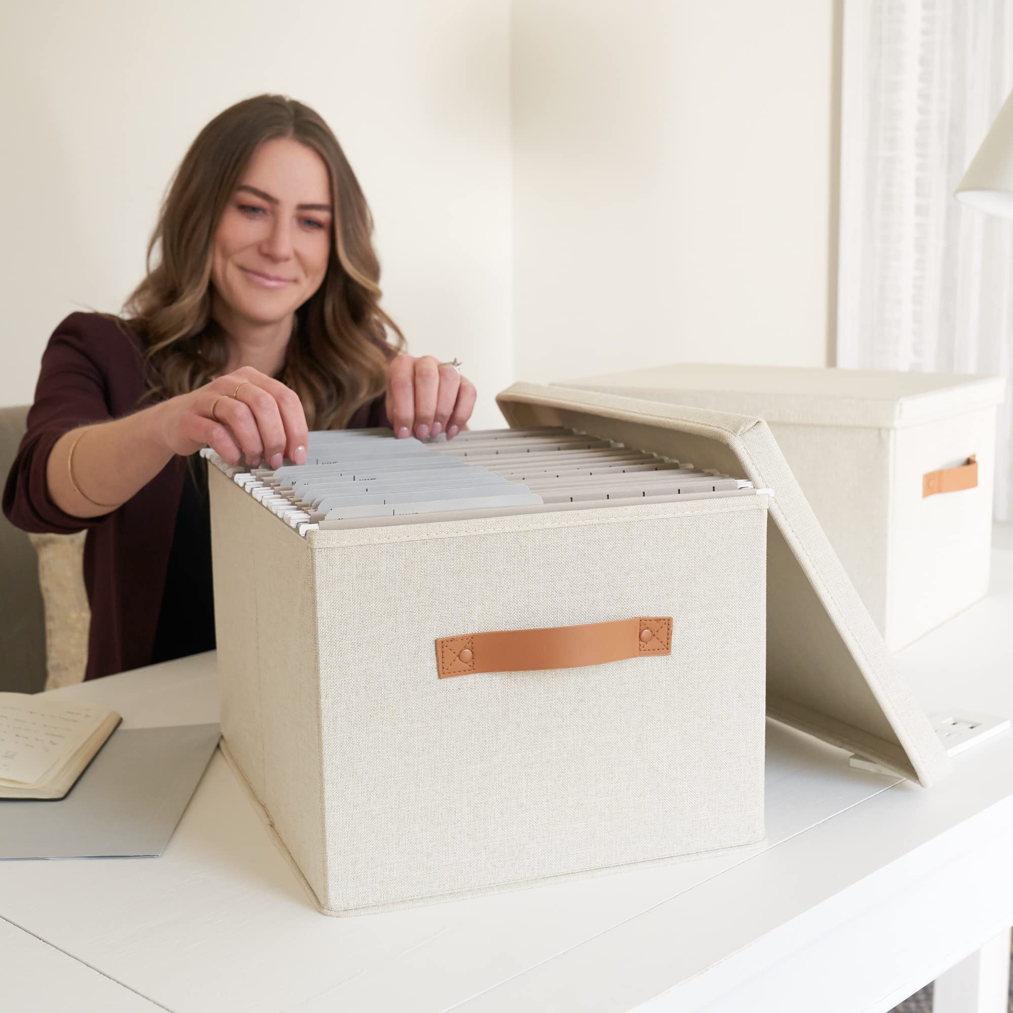 ZICOTO Decorative File Organizer Box Set of 2 - Collapsible Linen Filing Cabinets w/Handles Are Perfect to Store all Your Documents & Hanging File Folders - Portable Easy Slide File Crates with Lid