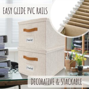 ZICOTO Decorative File Organizer Box Set of 2 - Collapsible Linen Filing Cabinets w/Handles Are Perfect to Store all Your Documents & Hanging File Folders - Portable Easy Slide File Crates with Lid