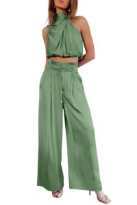 prettygarden women's 2 piece outfits 2024 summer casual sleeveless mock neck crop tops wide leg pants set (light green,large)