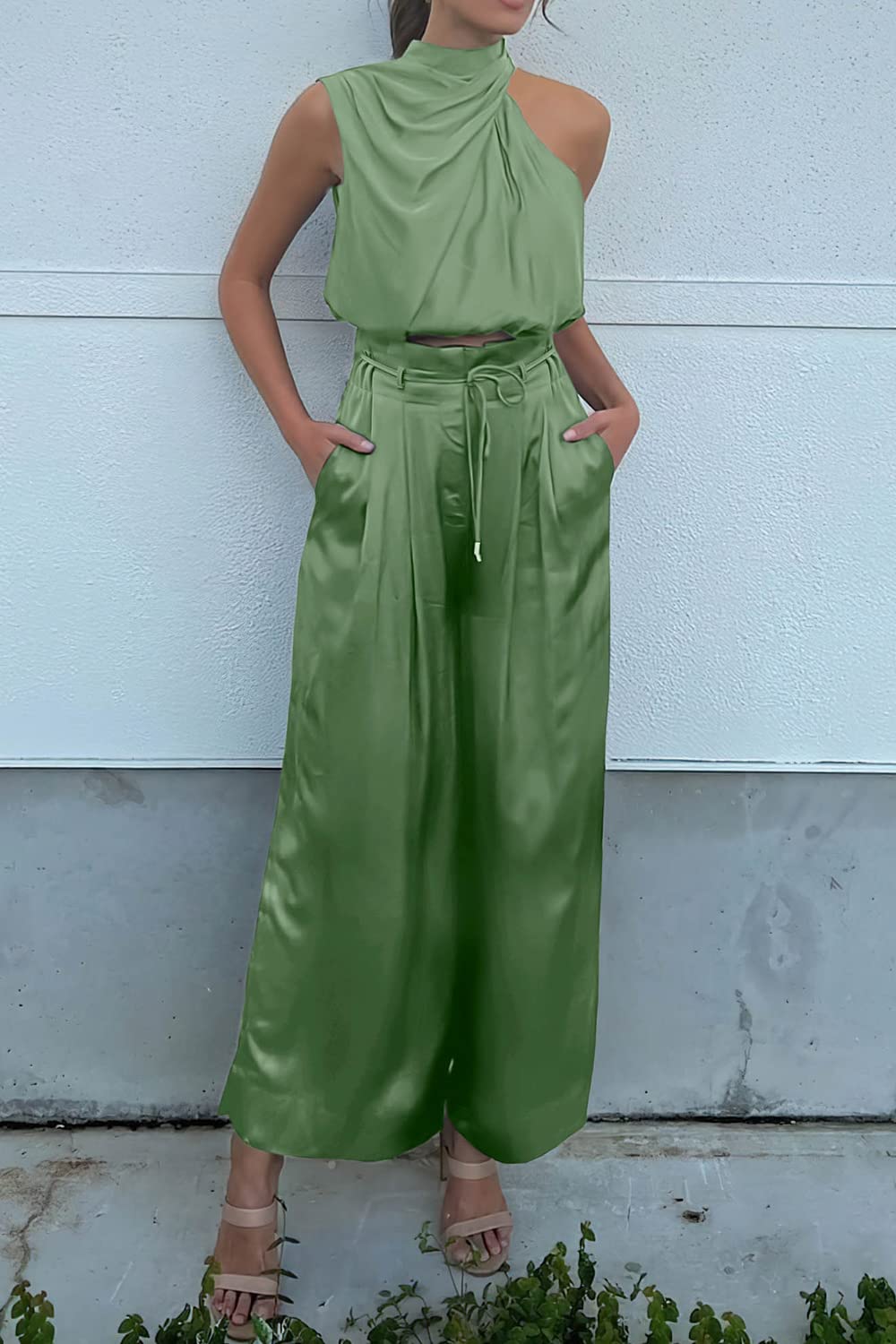 PRETTYGARDEN Women's 2 Piece Outfits 2024 Summer Casual Sleeveless Mock Neck Crop Tops Wide Leg Pants Set (Light Green,Large)