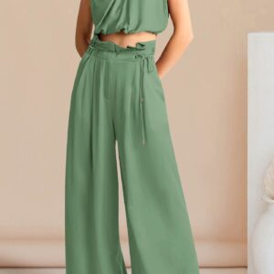 PRETTYGARDEN Women's 2 Piece Outfits 2024 Summer Casual Sleeveless Mock Neck Crop Tops Wide Leg Pants Set (Light Green,Large)