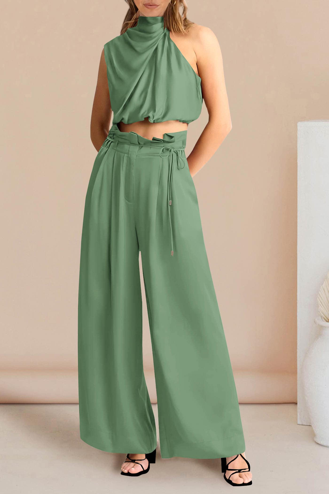 PRETTYGARDEN Women's 2 Piece Outfits 2024 Summer Casual Sleeveless Mock Neck Crop Tops Wide Leg Pants Set (Light Green,Large)