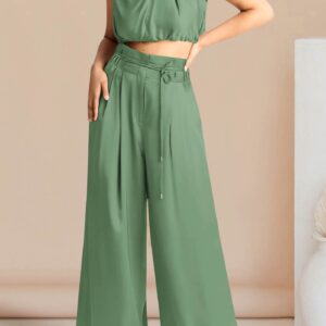 PRETTYGARDEN Women's 2 Piece Outfits 2024 Summer Casual Sleeveless Mock Neck Crop Tops Wide Leg Pants Set (Light Green,Large)