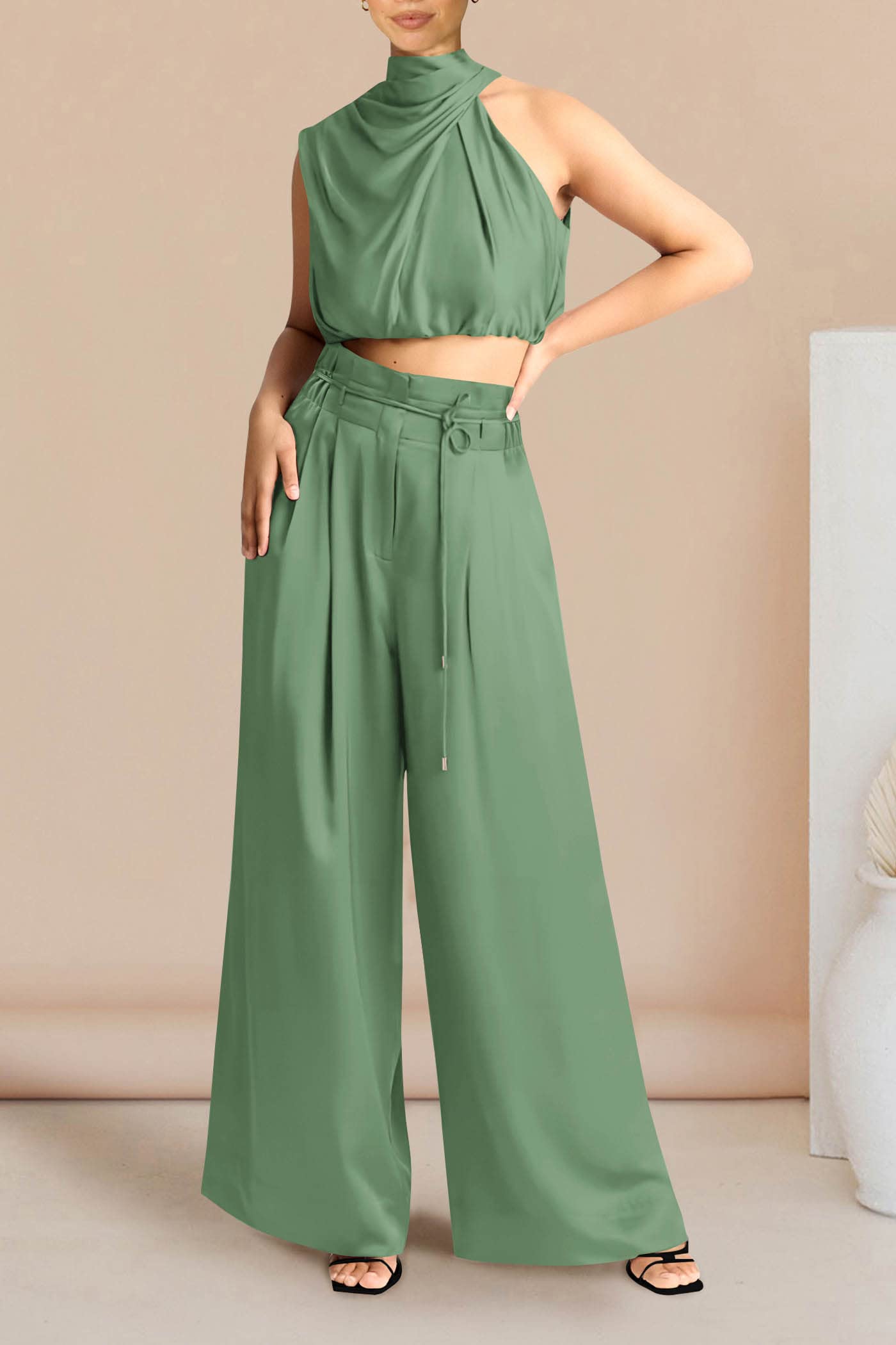 PRETTYGARDEN Women's 2 Piece Outfits 2024 Summer Casual Sleeveless Mock Neck Crop Tops Wide Leg Pants Set (Light Green,Large)