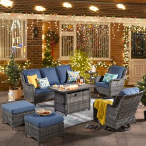 xizzi outdoor swivel rocking chairs patio furniture set with 50,000 btu rectangular propane fire pit table 7 pieces high back conversation sofa and matching side table,grey rattan denim blue