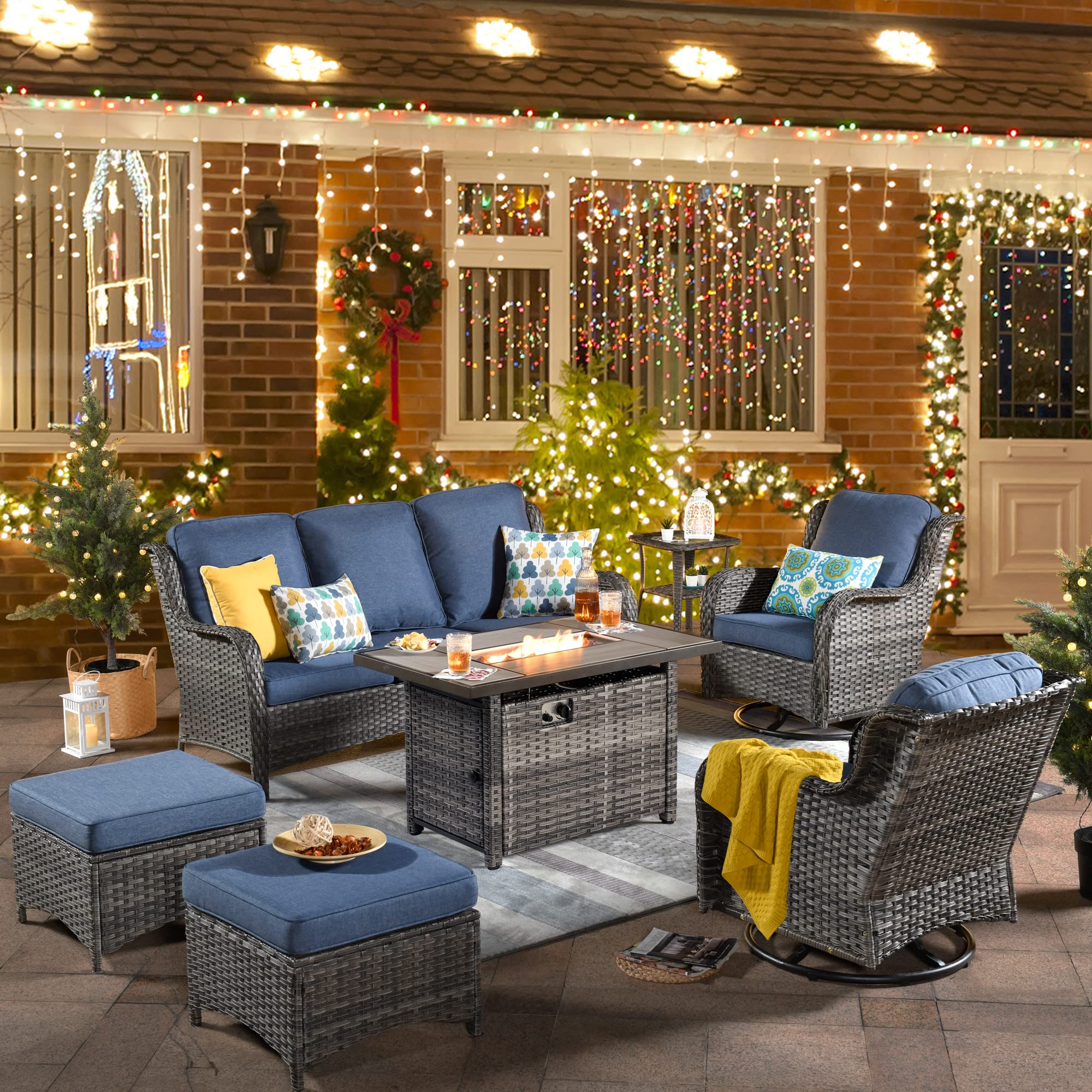 XIZZI Outdoor Swivel Rocking Chairs Patio Furniture Set with 50,000 BTU Rectangular Propane Fire Pit Table 7 Pieces High Back Conversation Sofa and Matching Side Table,Grey Rattan Denim Blue