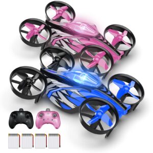 untei 2 in 1 mini drones for kids remote control drone with land mode or fly mode, led lights,auto hovering, 3d flip,headless mode and 4 batteries,toys gifts for boys girls (blue & harbor pink 2pack)