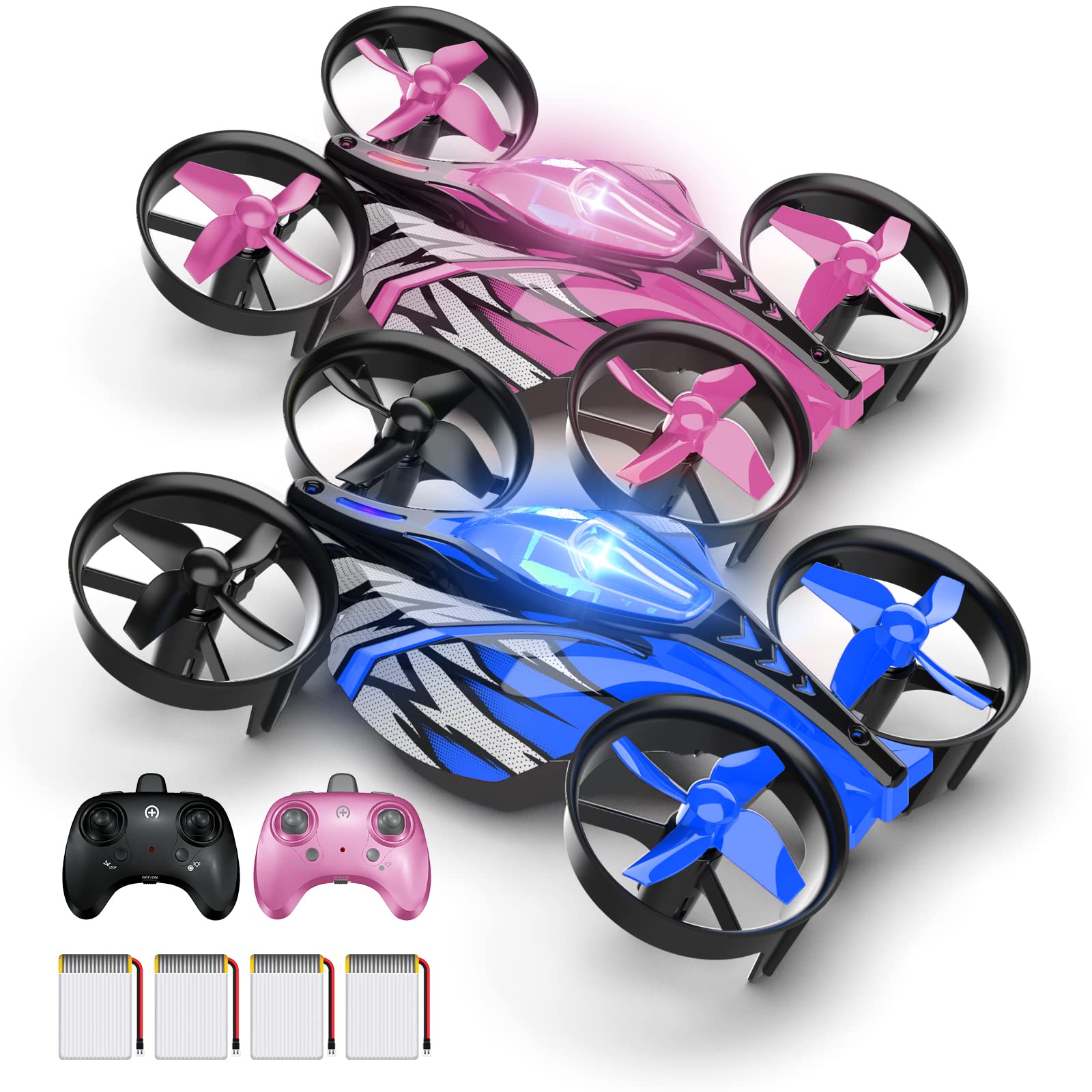 UNTEI 2 In 1 Mini Drones for Kids Remote Control Drone with Land Mode or Fly Mode, LED Lights,Auto Hovering, 3D Flip,Headless Mode and 4 Batteries,Toys Gifts for Boys Girls (Blue & Harbor Pink 2Pack)