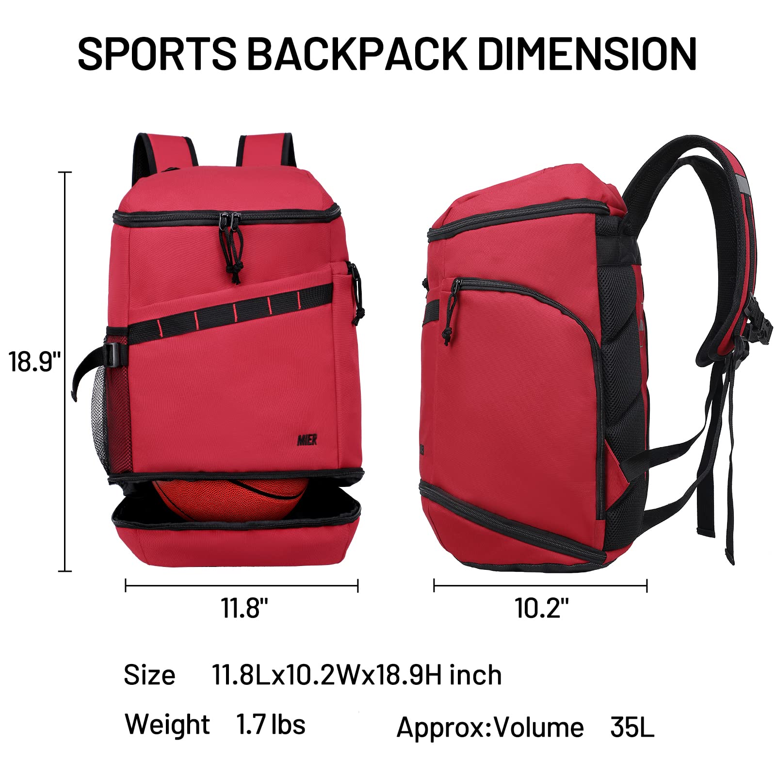 MIER Basketball Backpack Soccer Bag with Shoes/Ball Compartment, Large Sports Back Pack Equipment Bag for Men Women Athletes, 35L, Red