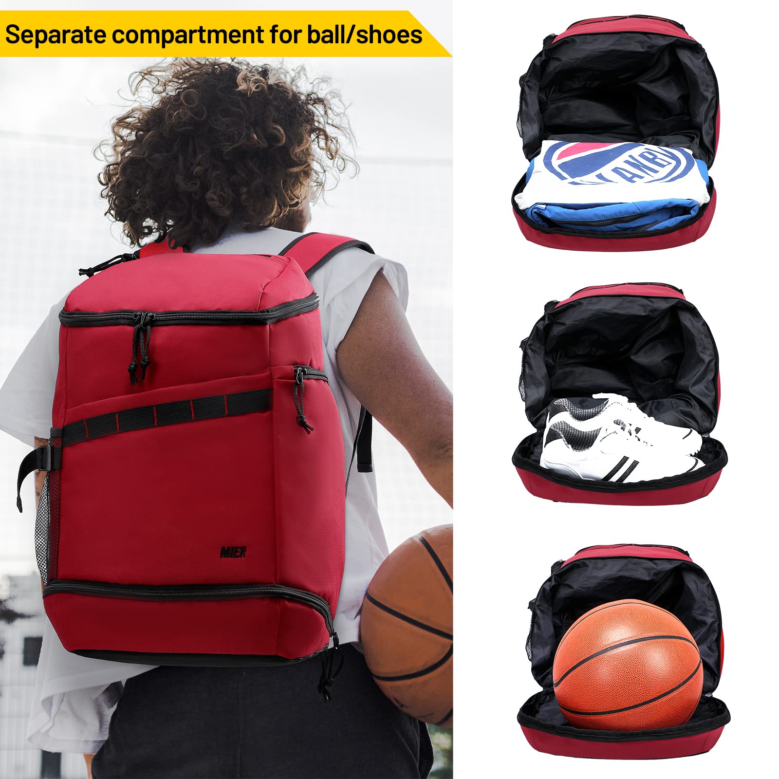 MIER Basketball Backpack Soccer Bag with Shoes/Ball Compartment, Large Sports Back Pack Equipment Bag for Men Women Athletes, 35L, Red