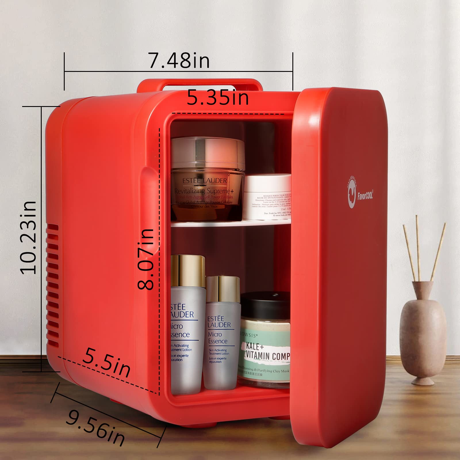 FavorCOOL Mini Skincare Fridge, 6 Liter/6 Cans Small Refrigerator Cooler Warmer 110V AC/ 12V DC Personal Fridge for Bedroom, Beverage, Makeup