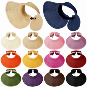 14 pcs wide brim straw sun hat bulk for women multicolor foldable straw sun visor hats wide brim ponytail visors adjustable summer protection beach hat