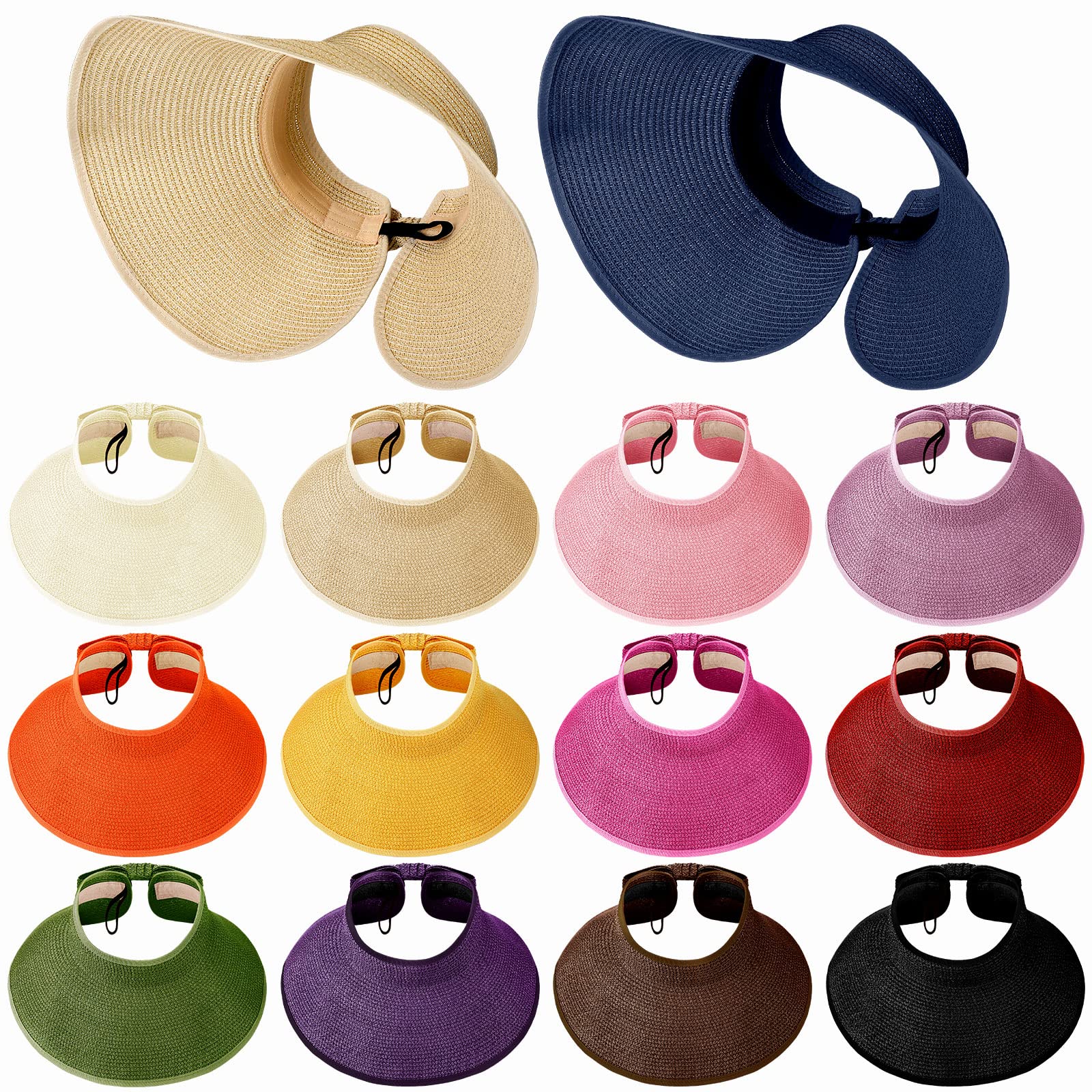 14 Pcs Wide Brim Straw Sun Hat Bulk for Women Multicolor Foldable Straw Sun Visor Hats Wide Brim Ponytail Visors Adjustable Summer Protection Beach Hat