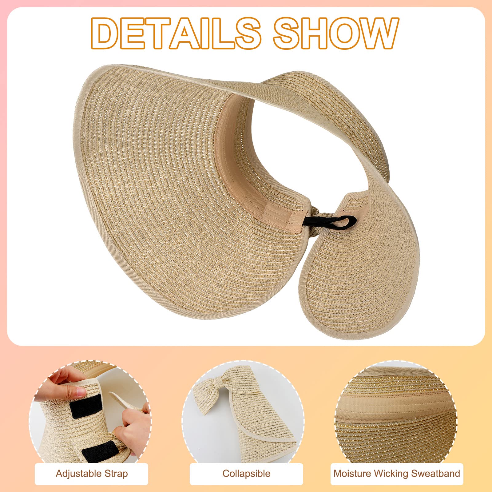 14 Pcs Wide Brim Straw Sun Hat Bulk for Women Multicolor Foldable Straw Sun Visor Hats Wide Brim Ponytail Visors Adjustable Summer Protection Beach Hat