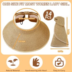 14 Pcs Wide Brim Straw Sun Hat Bulk for Women Multicolor Foldable Straw Sun Visor Hats Wide Brim Ponytail Visors Adjustable Summer Protection Beach Hat