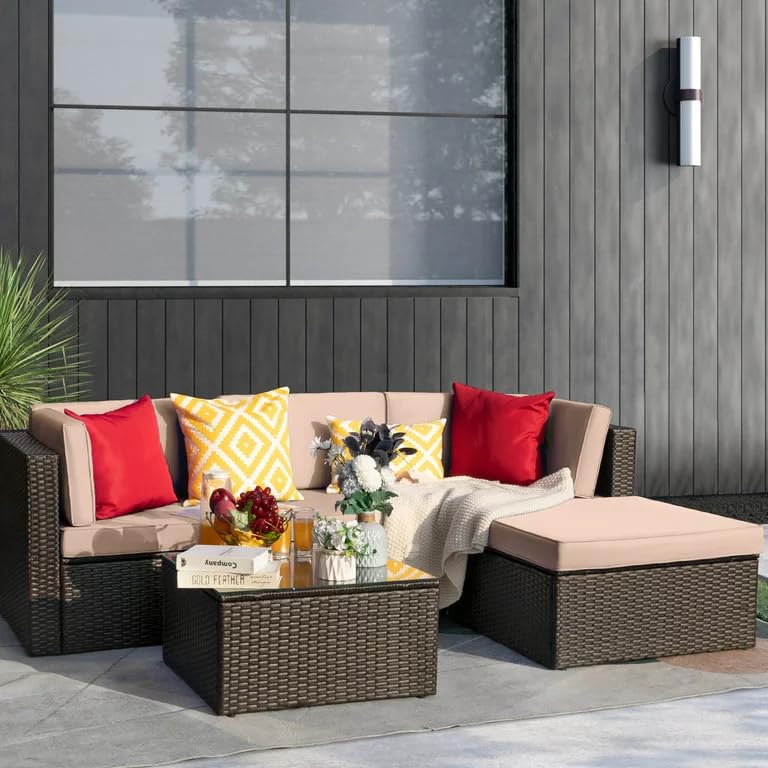 Flamaker Patio Furniture 5 Piece Outdoor Wicker Sectional Sofa with Thick Cushions & Tempered Glass Table Patio Couch Set for Deck, Porch, Terrace (Beige)