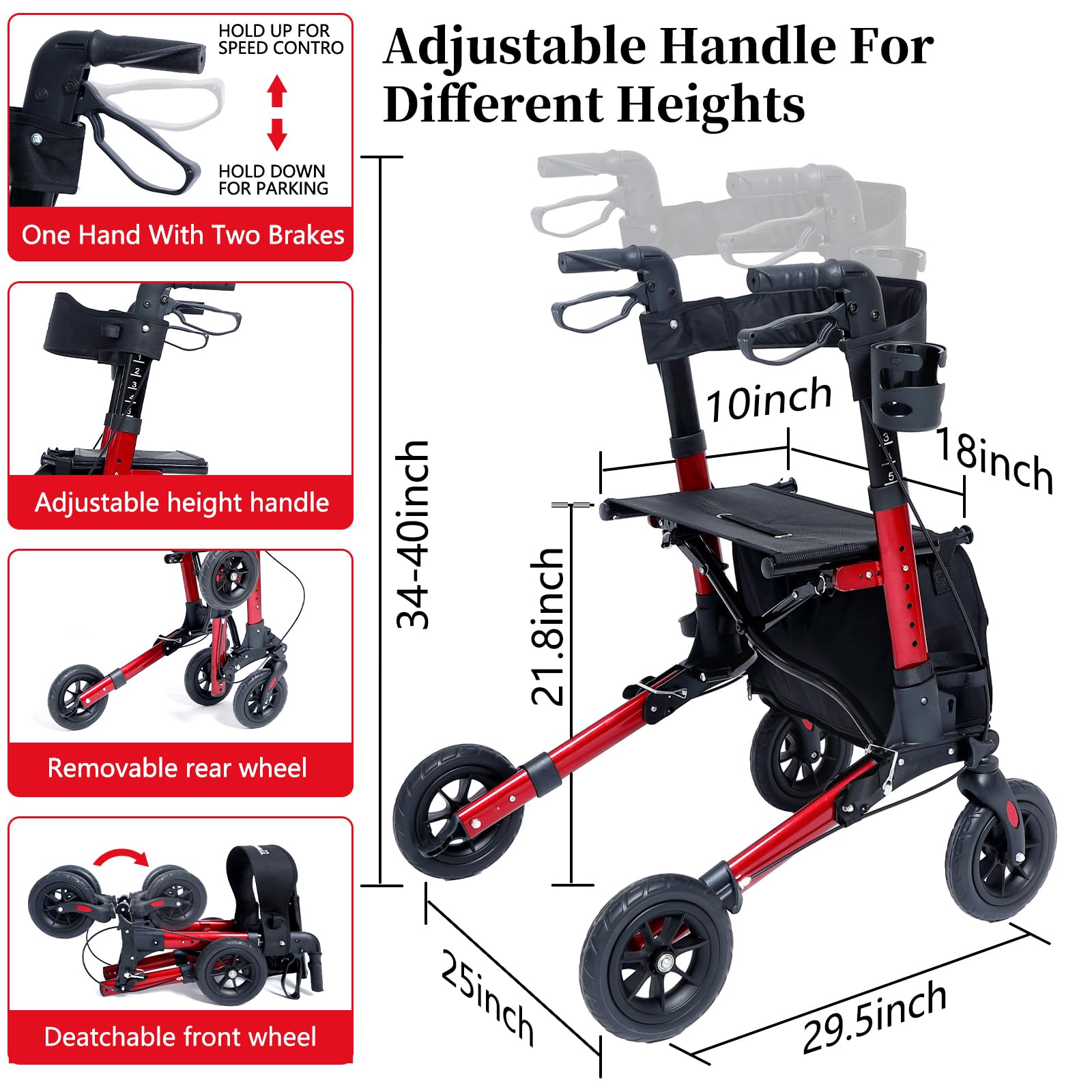 Henmnii Rollator Walker for Seniors and Adults, All Terrain walker with seat, Lightweight Foldable Aluminum Rolling walkers.