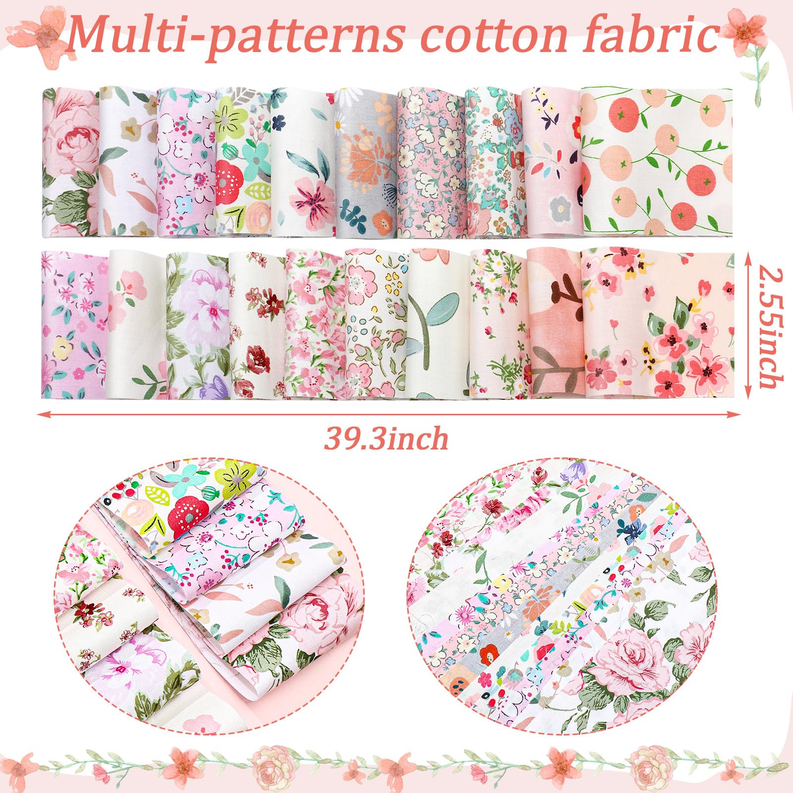 40 Pcs Floral Cotton Fabric Patchwork Roll Cotton Quilting Fabric Roll up Cotton Fabric Quilting Strips 2.55 Inch Precut Patchwork Roll for Craft Sewing DIY Crafts (Pink Floral)