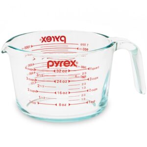 pyrex 4-cup glass measuring cup for baking and cooking, dishwasher, freezer, microwave, and preheated oven safe, essential kitchen tools