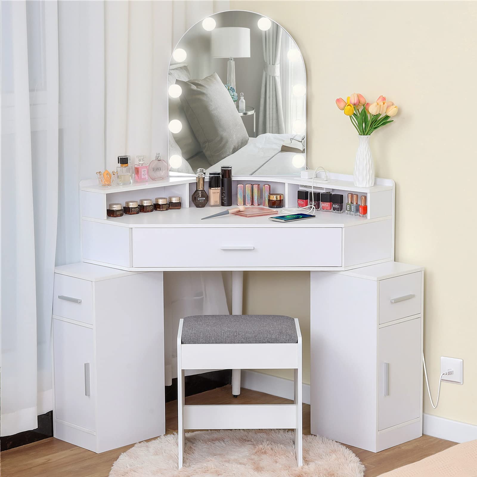 usikey Corner Vanity Desk with Mirror and Lights, Makeup Vanity Table with Charging Station, 3 Drawers & Retractable Side Cabinets, Vanity Desk with Cushioned Stool for Christmas Day, White