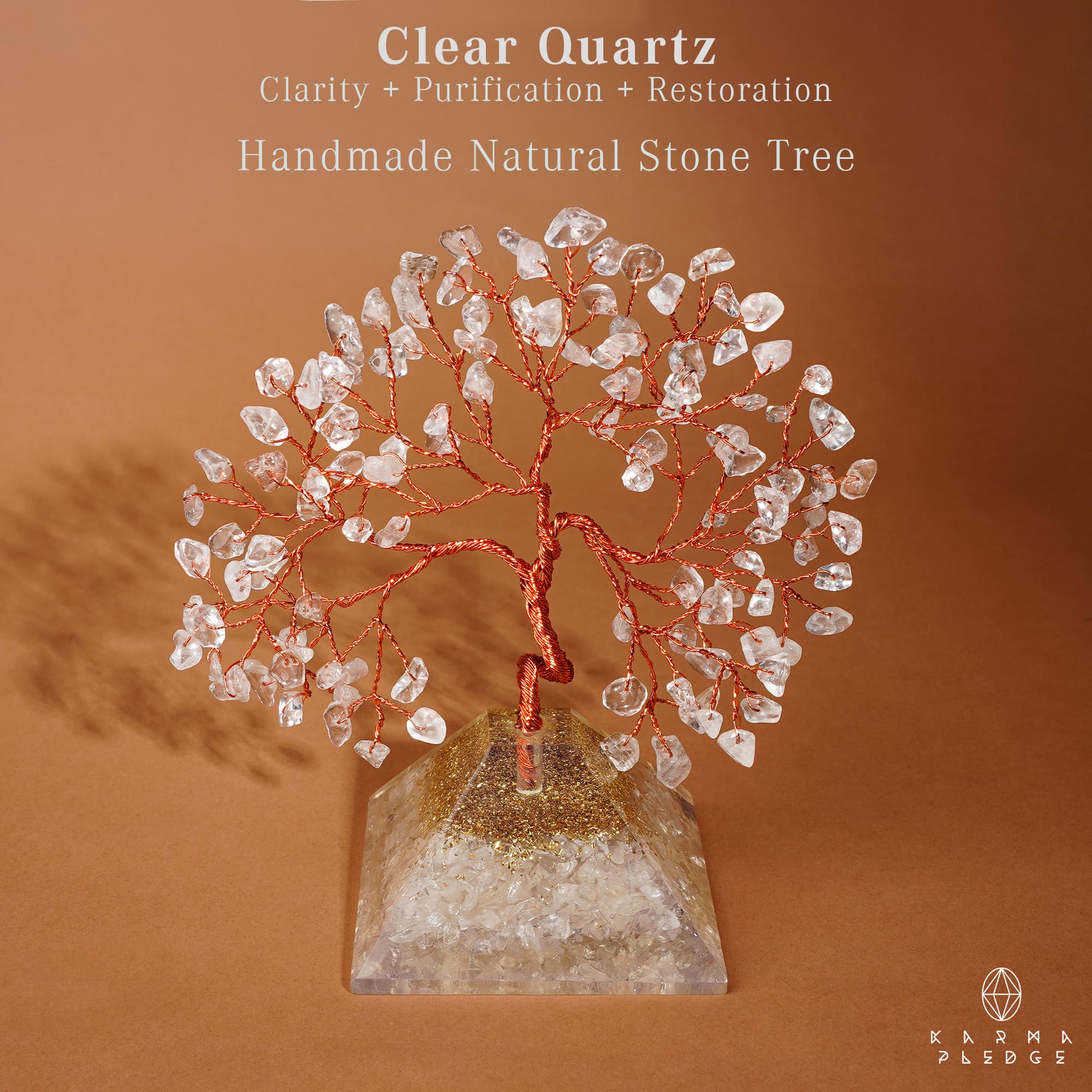 Clear Quartz Crystal Tree Gifts for Women, Pyramid Base 7 Chakra Healing Crystals Tree of Life for Positive Energy, Good Luck, Money, Handmade Feng Shui Decor for Home and Office Desk Decorations