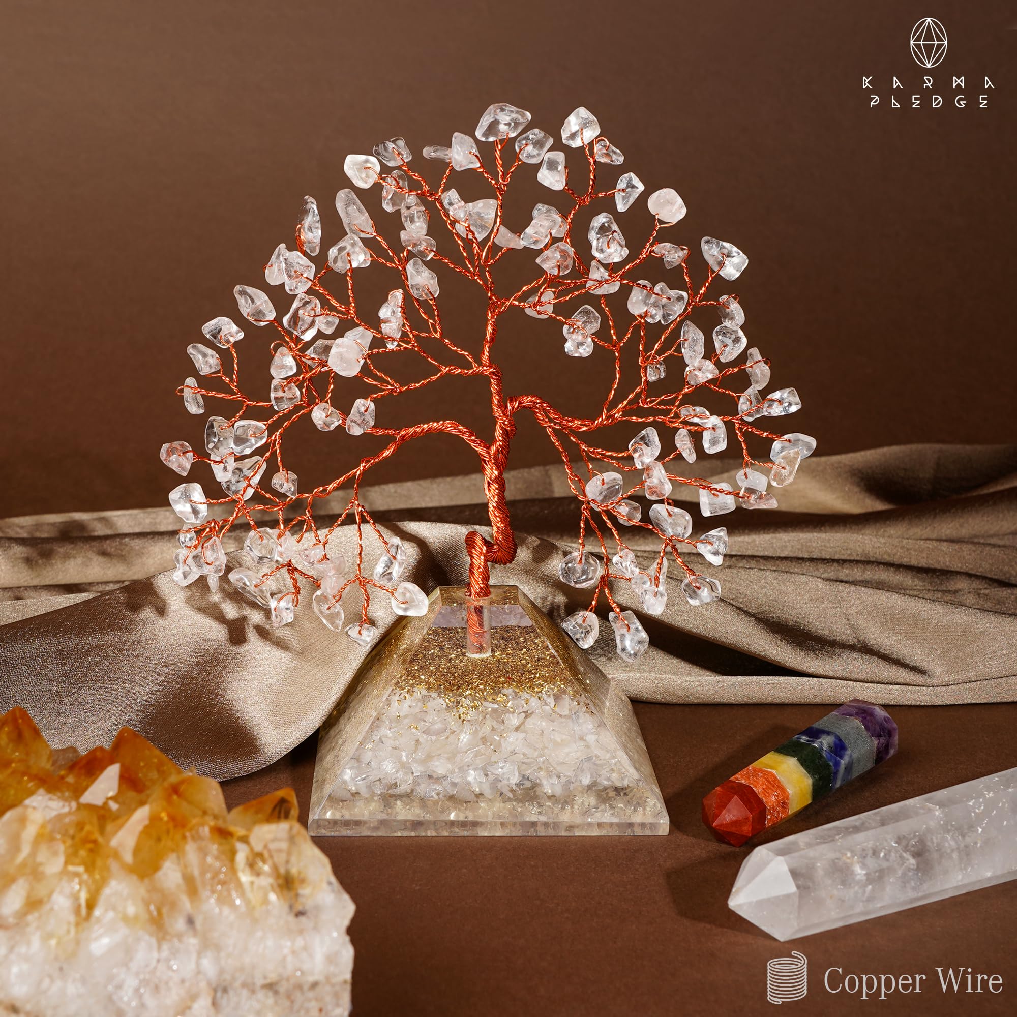 Clear Quartz Crystal Tree Gifts for Women, Pyramid Base 7 Chakra Healing Crystals Tree of Life for Positive Energy, Good Luck, Money, Handmade Feng Shui Decor for Home and Office Desk Decorations