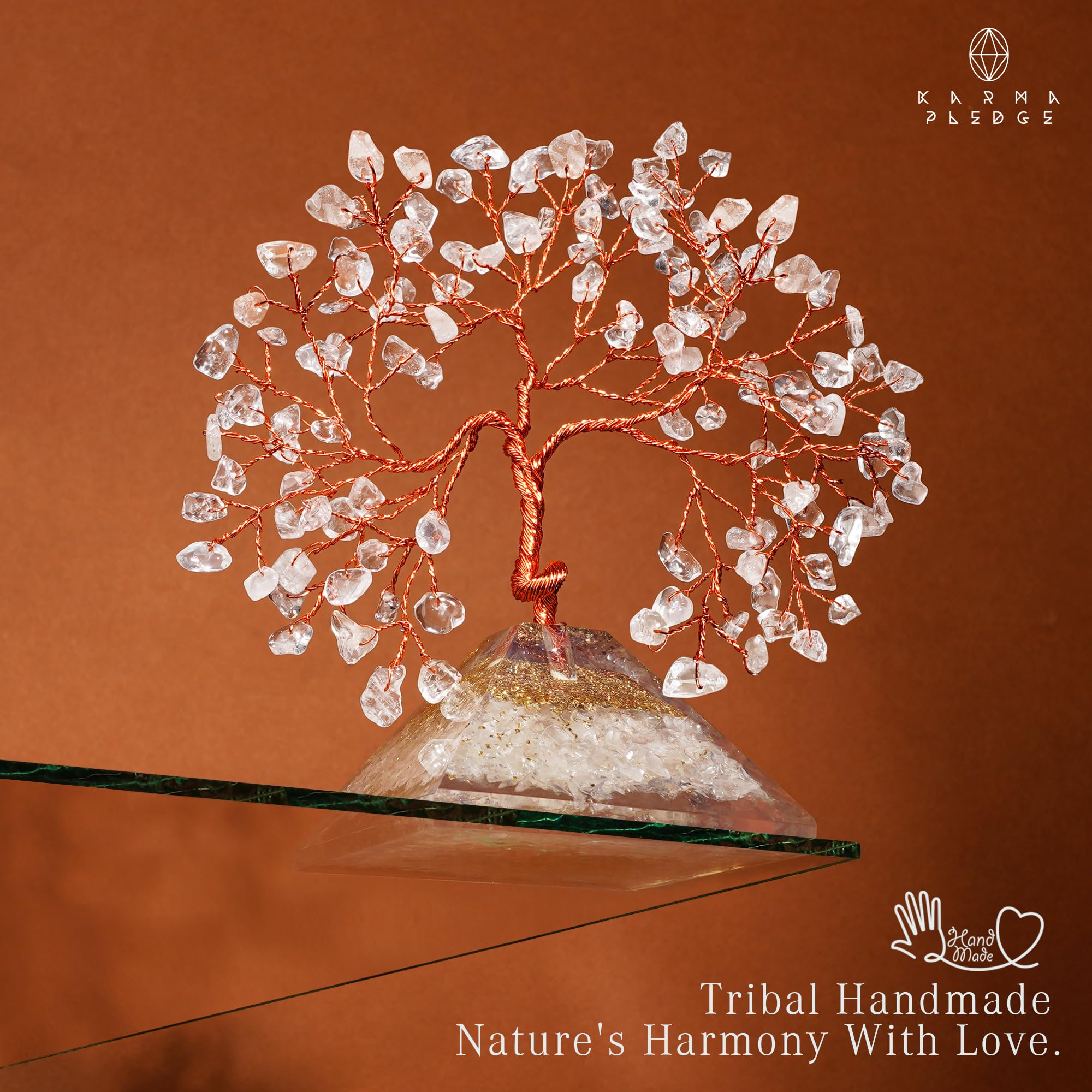 Clear Quartz Crystal Tree Gifts for Women, Pyramid Base 7 Chakra Healing Crystals Tree of Life for Positive Energy, Good Luck, Money, Handmade Feng Shui Decor for Home and Office Desk Decorations