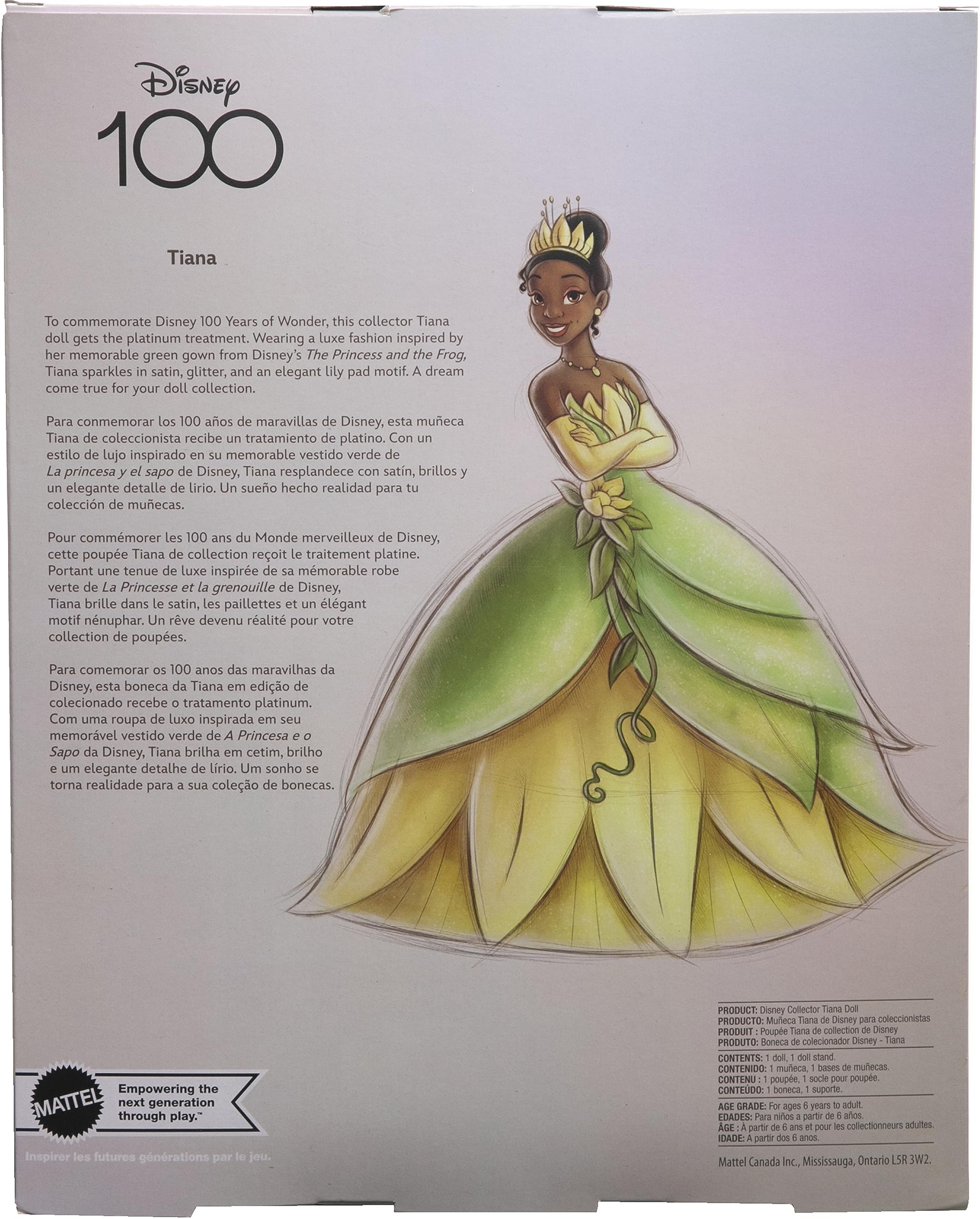 Mattel Disney Princess Toys, Collector Tiana Doll Celebrating Disney 100 Years of Wonder, Inspired by the Movie The Princess & The Frog