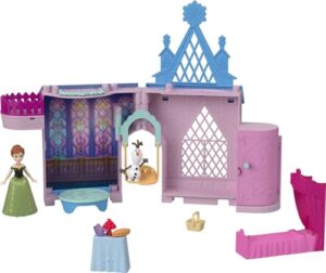 mattel disney frozen anna doll house stackable castle with small doll, olaf figure & 7 furniture & accessories, portable,multicolor