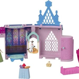 Mattel Disney Frozen Anna Doll House Stackable Castle with Small Doll, Olaf Figure & 7 Furniture & Accessories, Portable,Multicolor