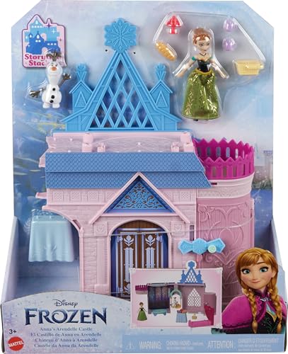 Mattel Disney Frozen Anna Doll House Stackable Castle with Small Doll, Olaf Figure & 7 Furniture & Accessories, Portable,Multicolor